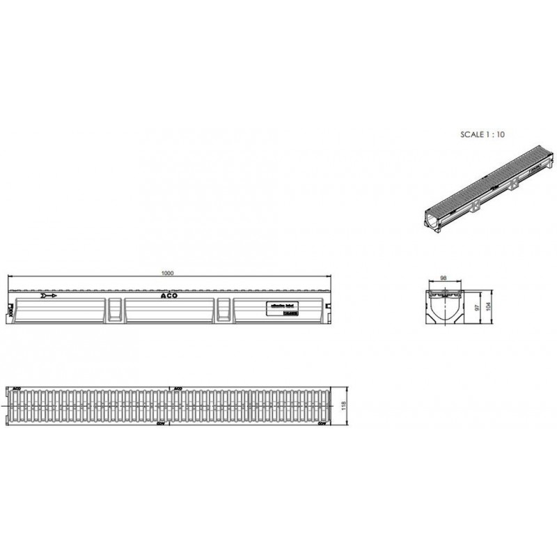 ACO Self Euroline 2.0 Entwässerungsrinne 1 m, H=10,4 cm, mit Gussrost ...